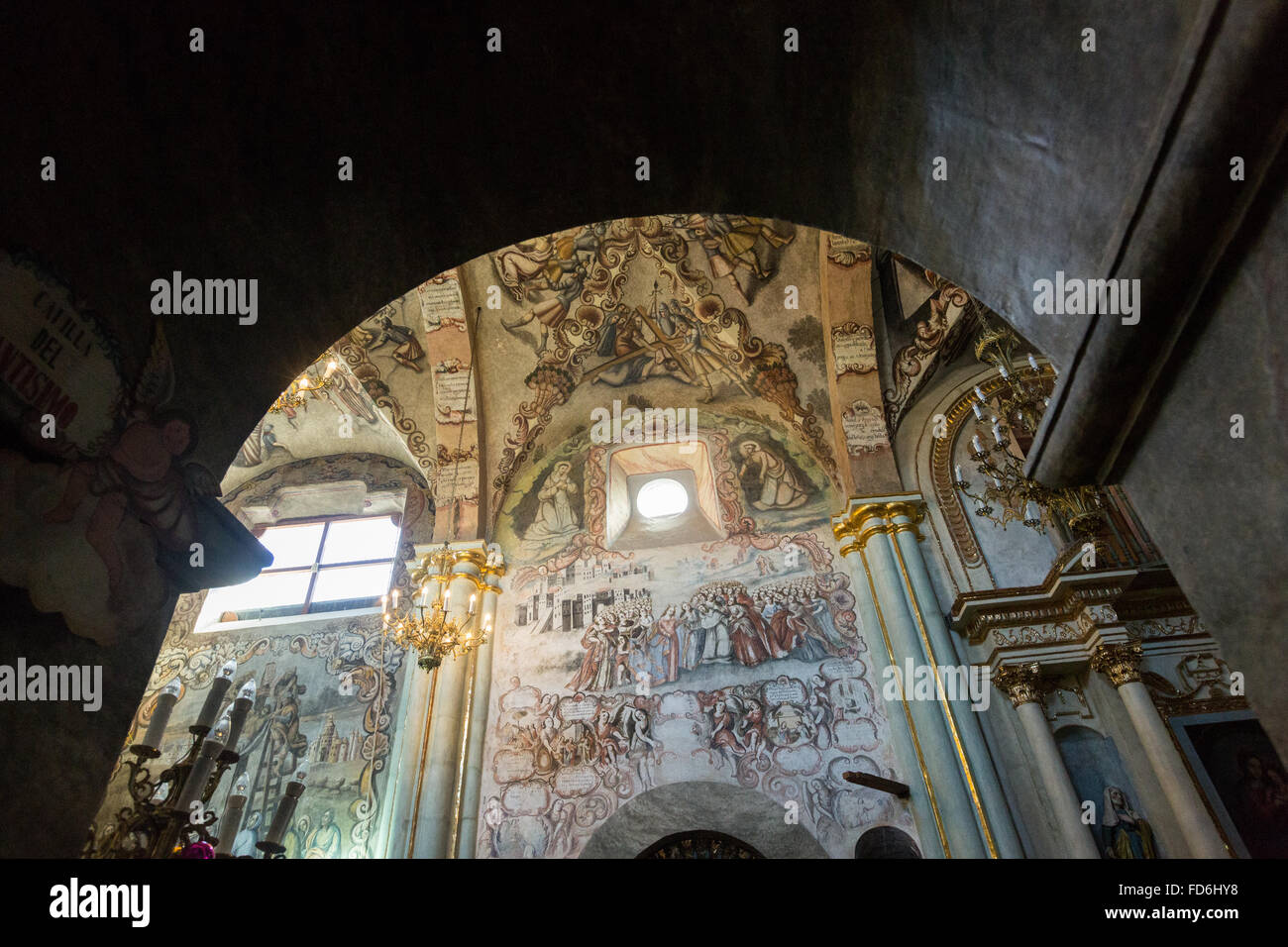 Mexican folk Baroque murals painted on the ceiling and walls at the ...