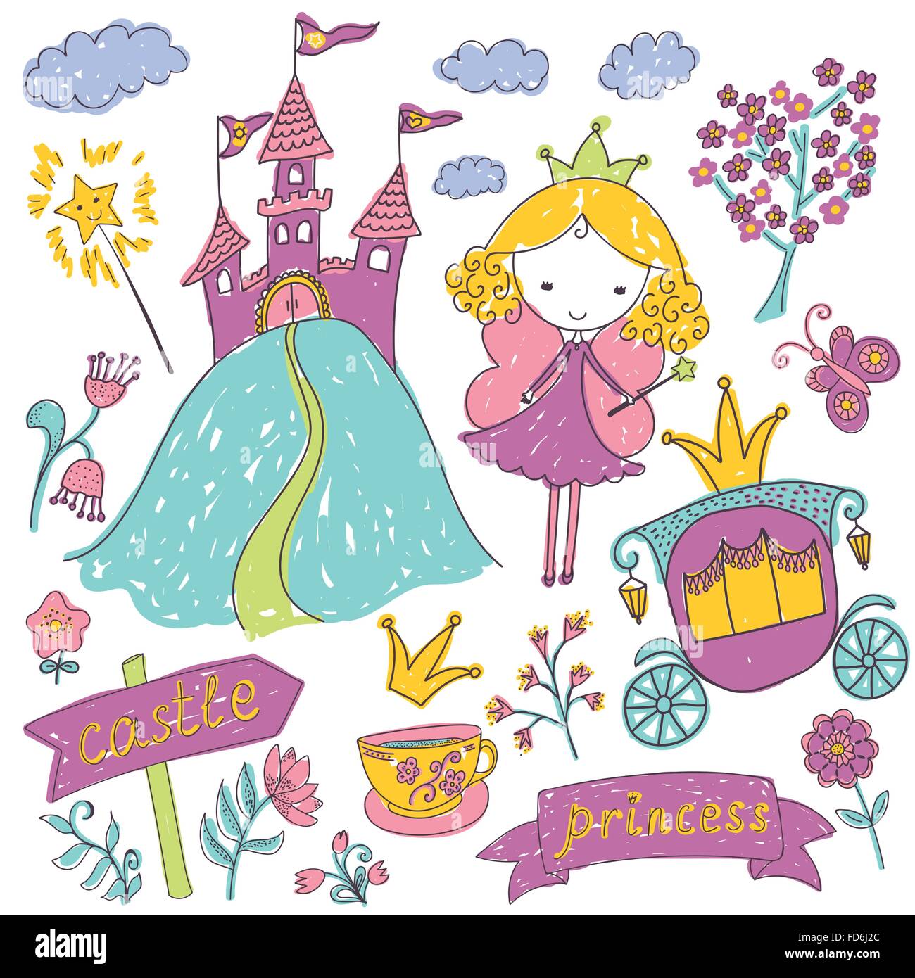 Hand-drawn sketchy fairy tale princess doodle design elements set ...