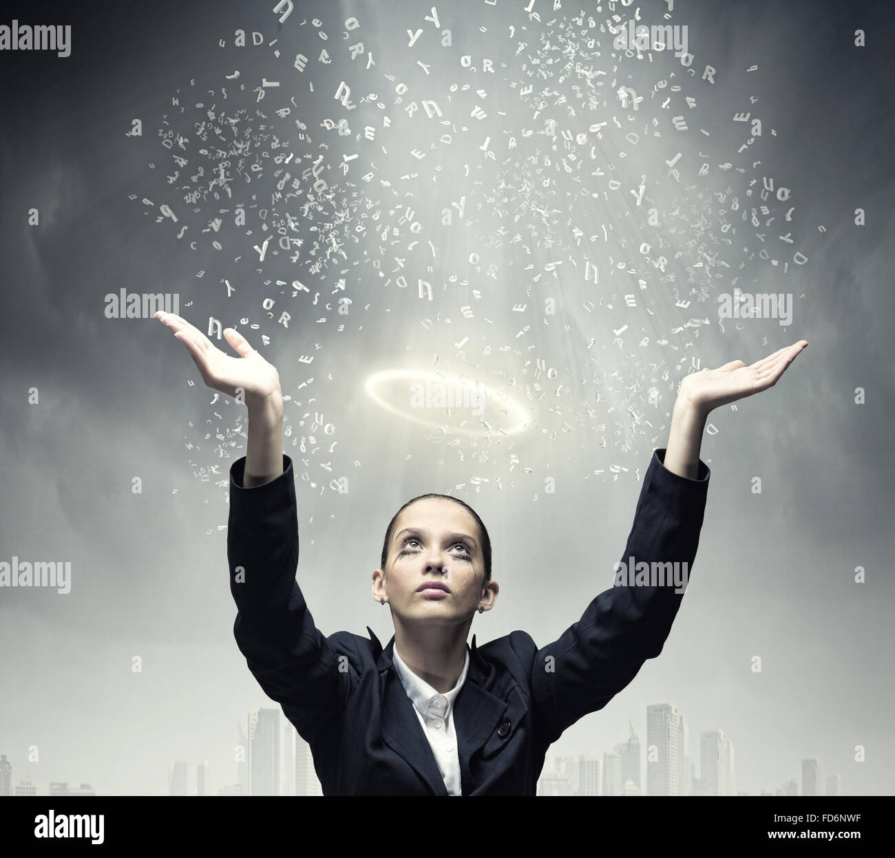 Young crying businesswoman with halo above head Stock Photo - Alamy