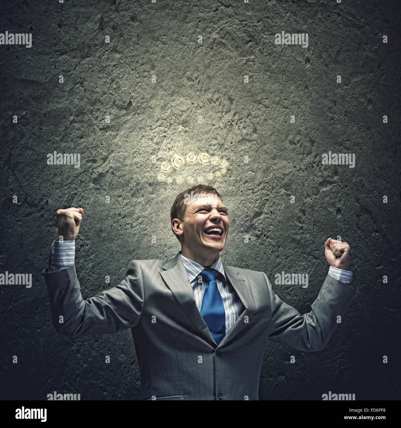 Successful businessman screaming in sky. Money concept Stock Photo - Alamy
