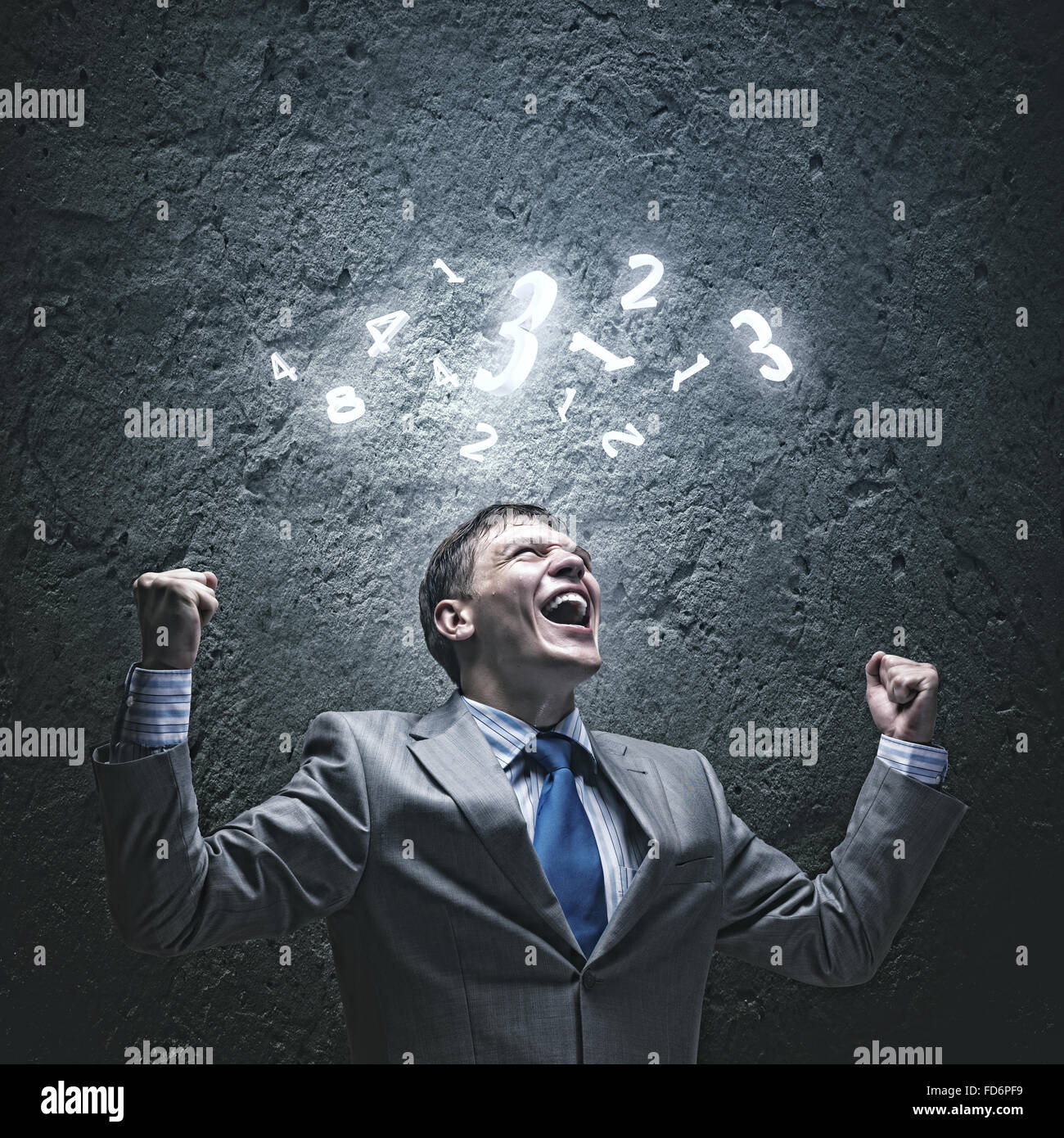 Successful businessman screaming in sky. Money concept Stock Photo - Alamy