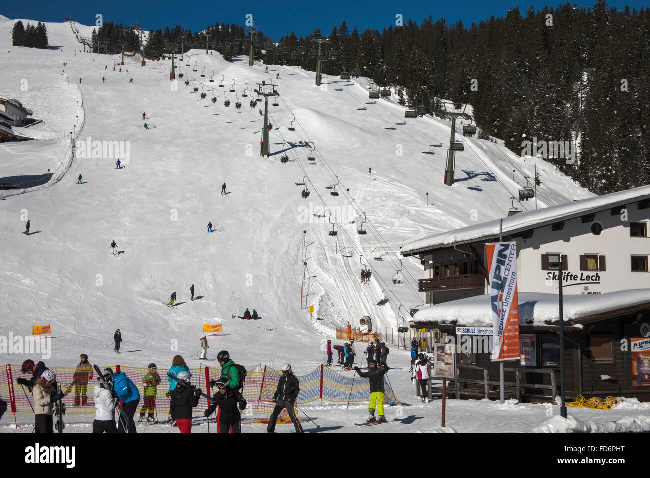 Ski schools and ski pistes beside The River Lech Lech Arlberg Austria ...