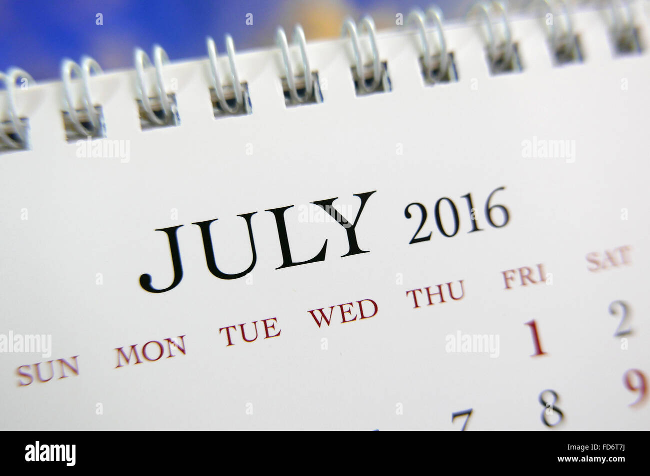 July calendar page hi-res stock photography and images - Alamy