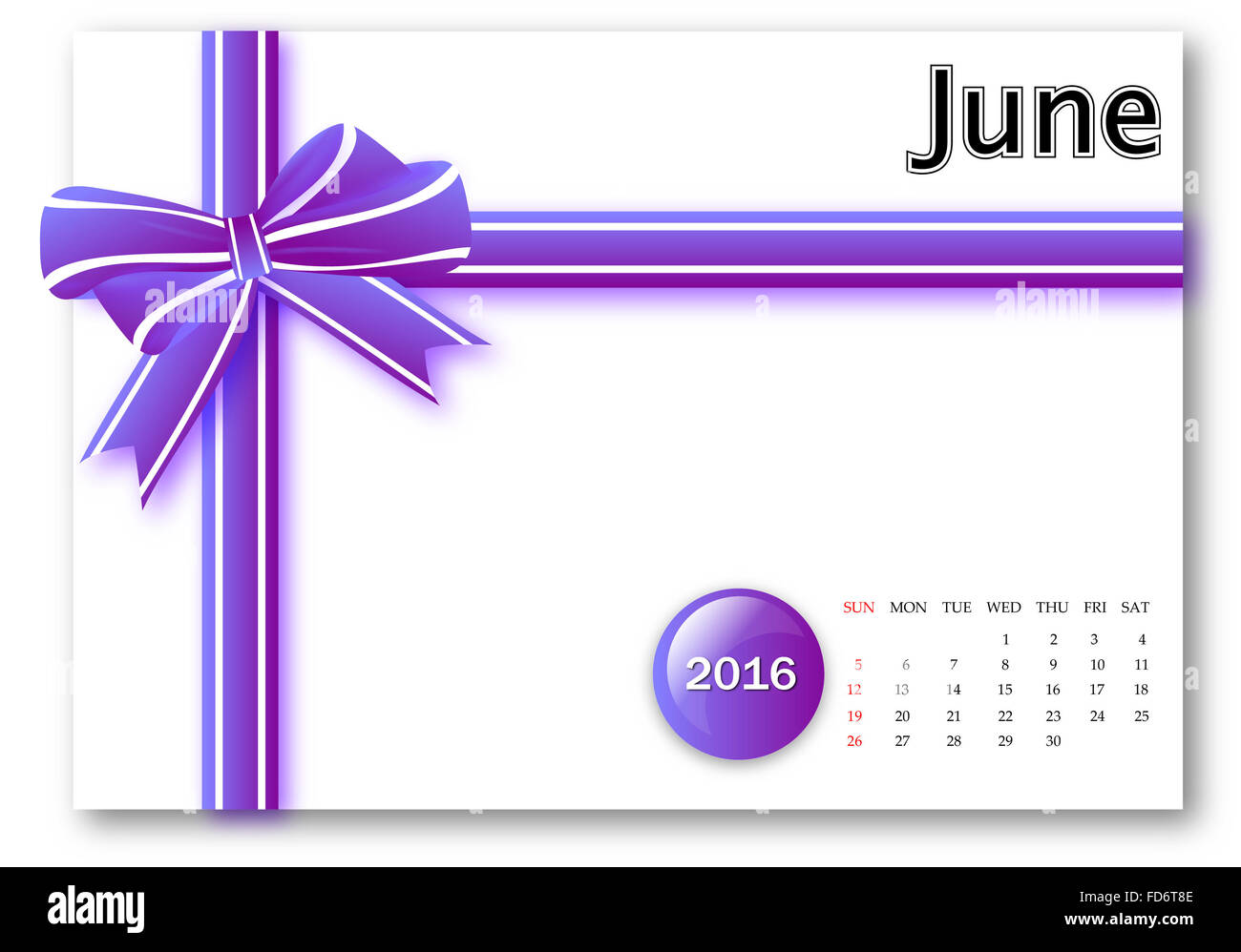June 2016 - Calendar series with gift ribbon design Stock Photo - Alamy