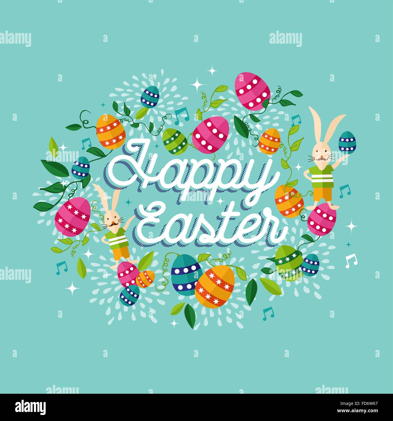 Happy Easter retro text label with colorful spring nature decoration ...