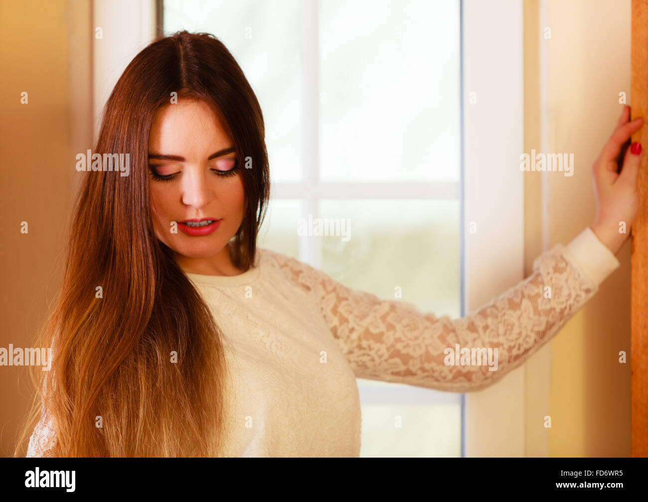 People and solitude concept. Portrait beautiful alone serious woman ...