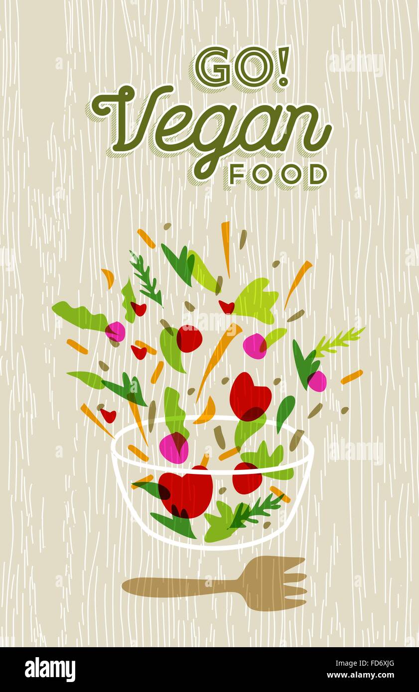 Vegetable salad illustration with vegan food text and wood texture ...