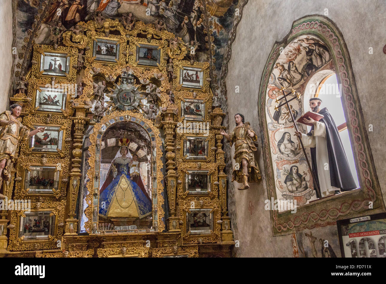 Ornate Mexican folk Baroque altar with the Virgin of Sorrows at the ...