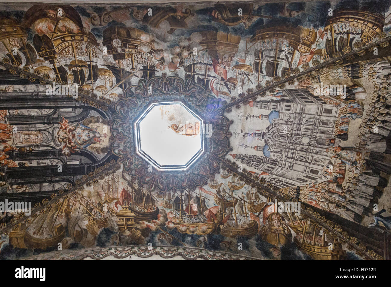 Mexican folk Baroque murals painted on the ceiling and walls at the ...