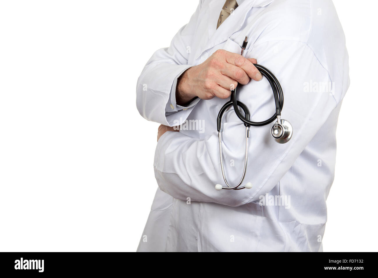 Close up side view of a doctor in a white coat holding his stethoscope ...