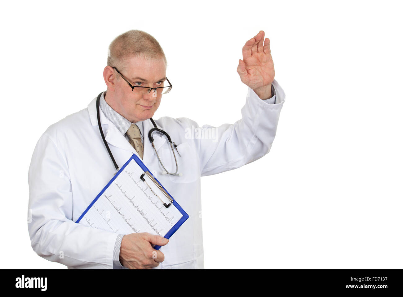 Doctor in white coat wearing glasses and stethoscope waving goodbye ...