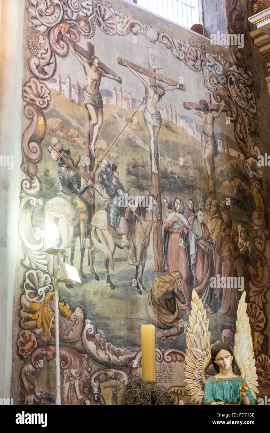 Mexican folk Baroque murals painted on the ceiling and walls at the ...