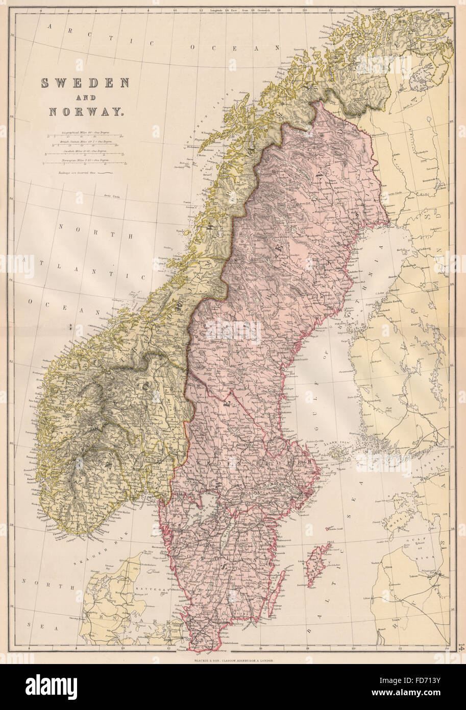 SCANDINAVIA: Sweden Norway.Railways.Scale in Swedish & Norwegian miles ...