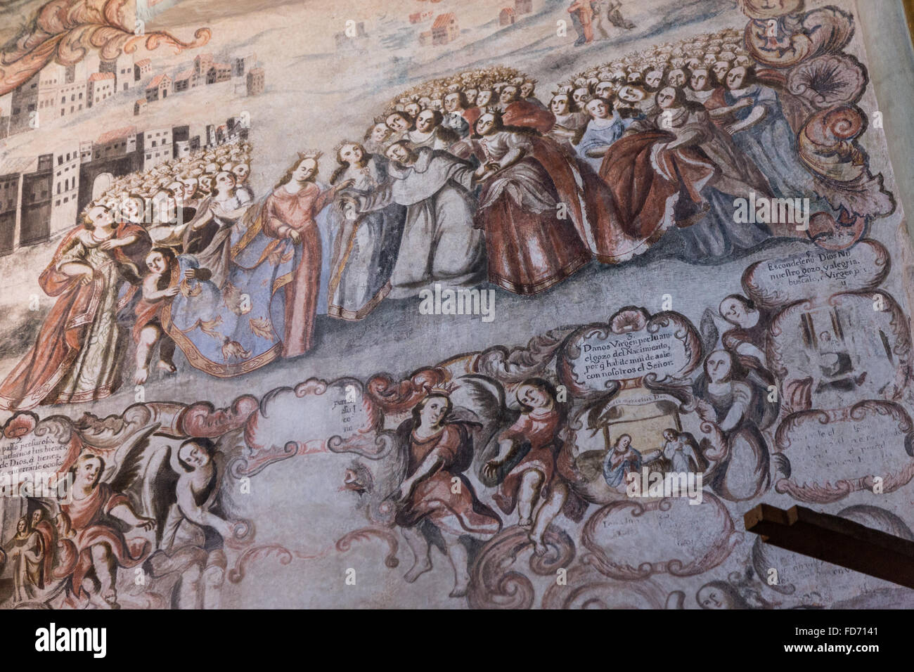 Mexican folk Baroque murals painted on the ceiling and walls at the ...