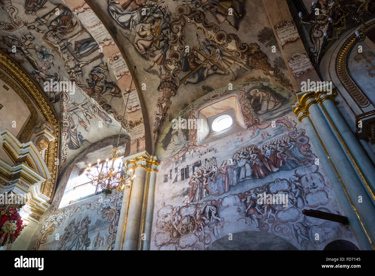 Mexican folk Baroque murals painted on the ceiling and walls at the ...
