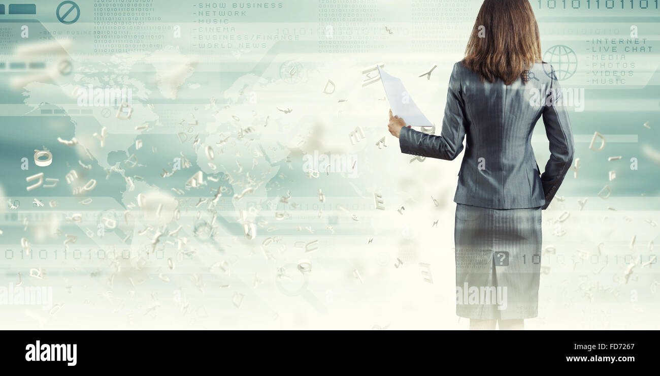 Back view of businesswoman holding papers in hands Stock Photo - Alamy
