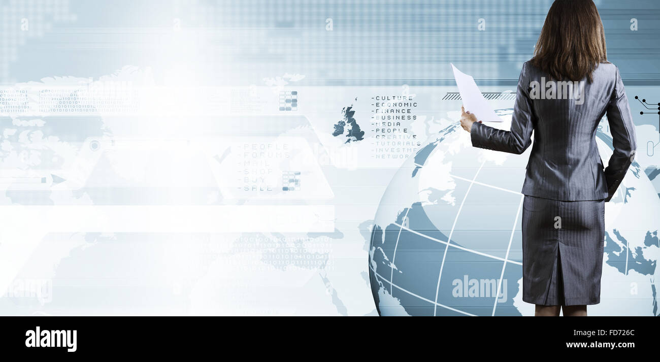 Back view of businesswoman holding papers in hands Stock Photo - Alamy