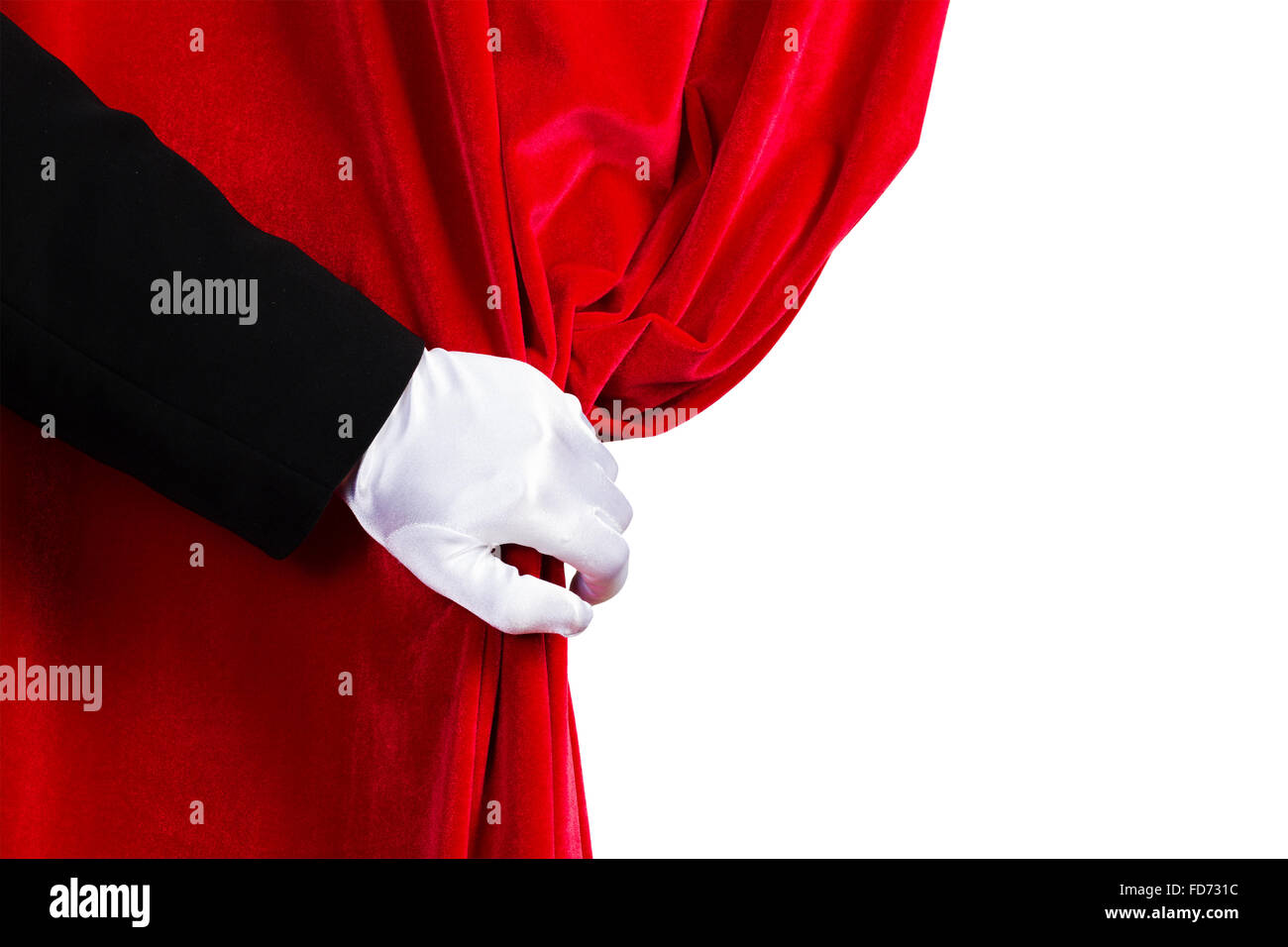 Close up of hand in white glove open the curtain. Place for text Stock ...