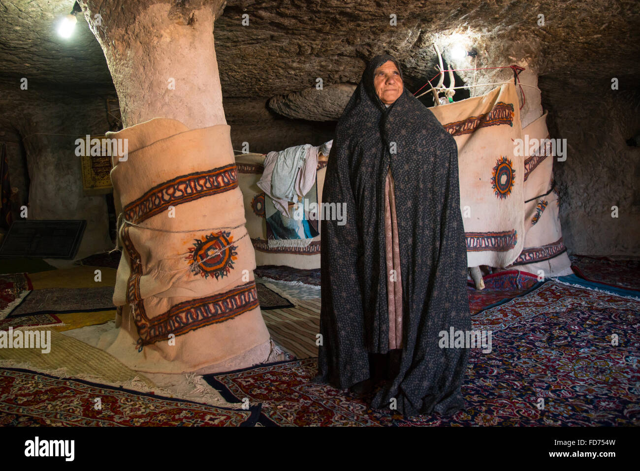 old widow woman inside the mosque of the troglodyte village, Kerman ...