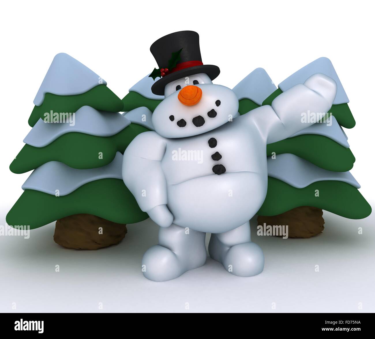 3D Render of a Snowman Character with christmas trees Stock Photo - Alamy