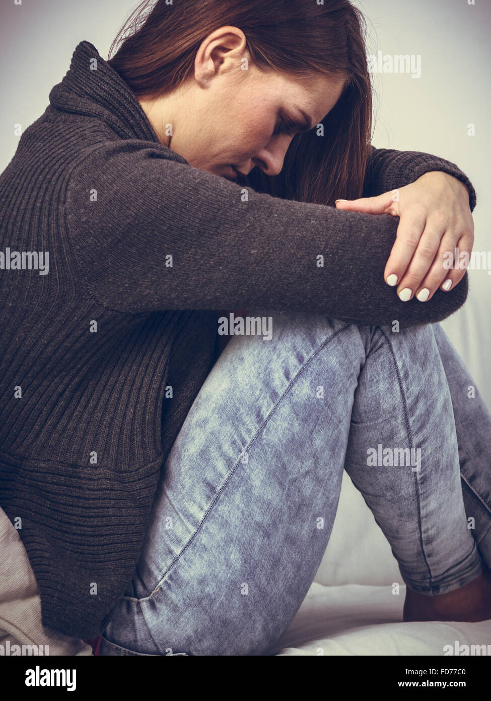 Face emotional expression of sadness. Unhappy worried thinking woman ...