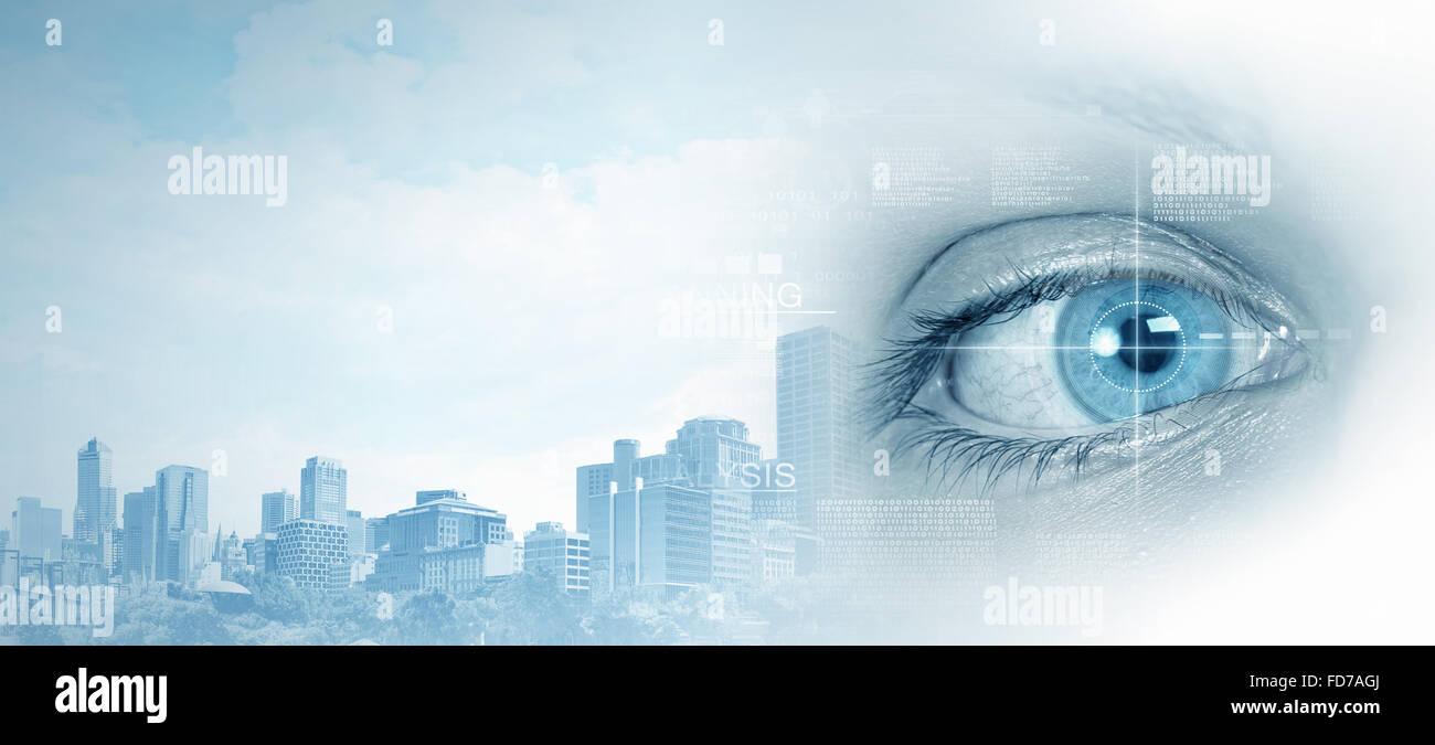 Close up of female eye with panoramic view at background Stock Photo ...