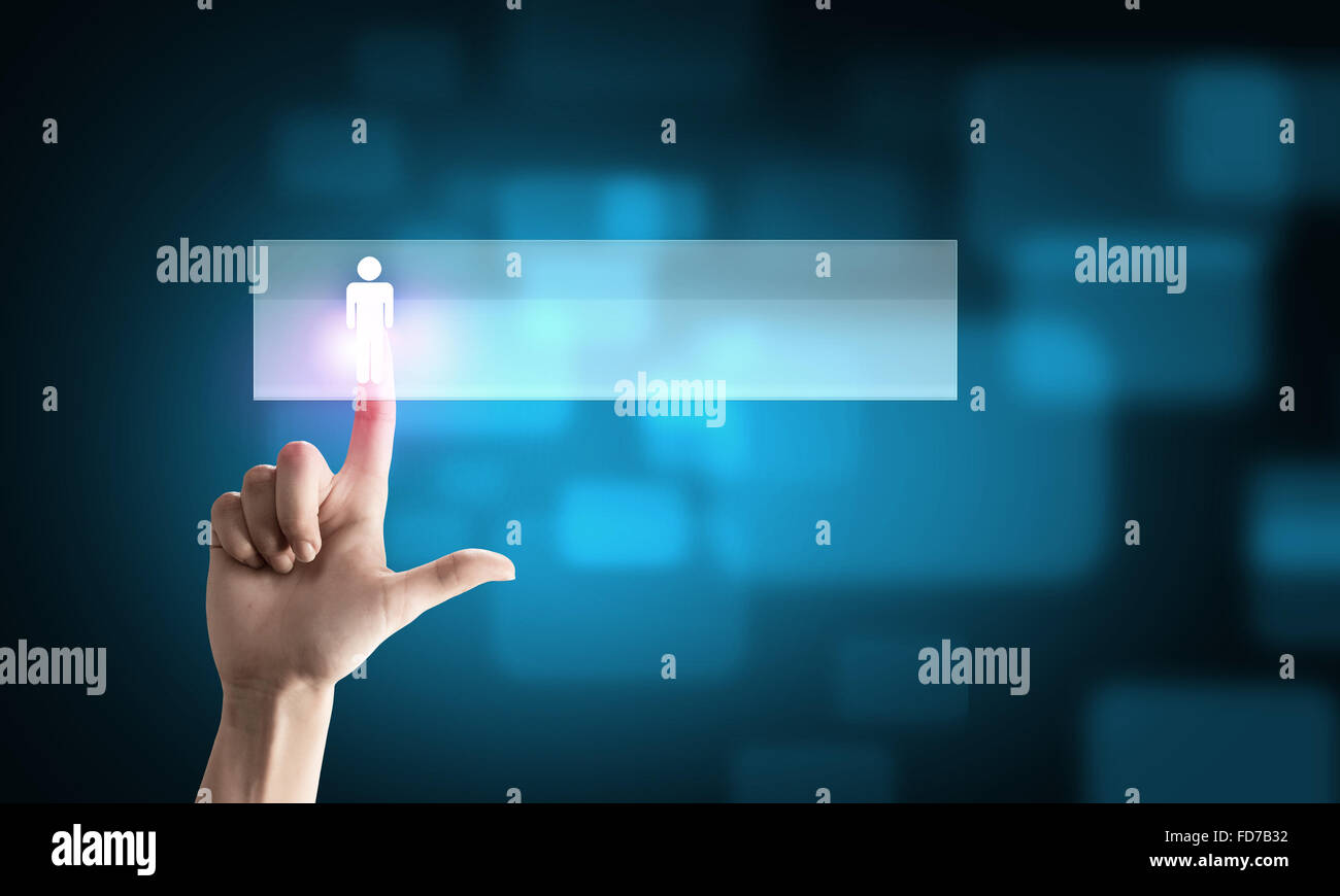 Close up of human hand touching media screen icon Stock Photo - Alamy