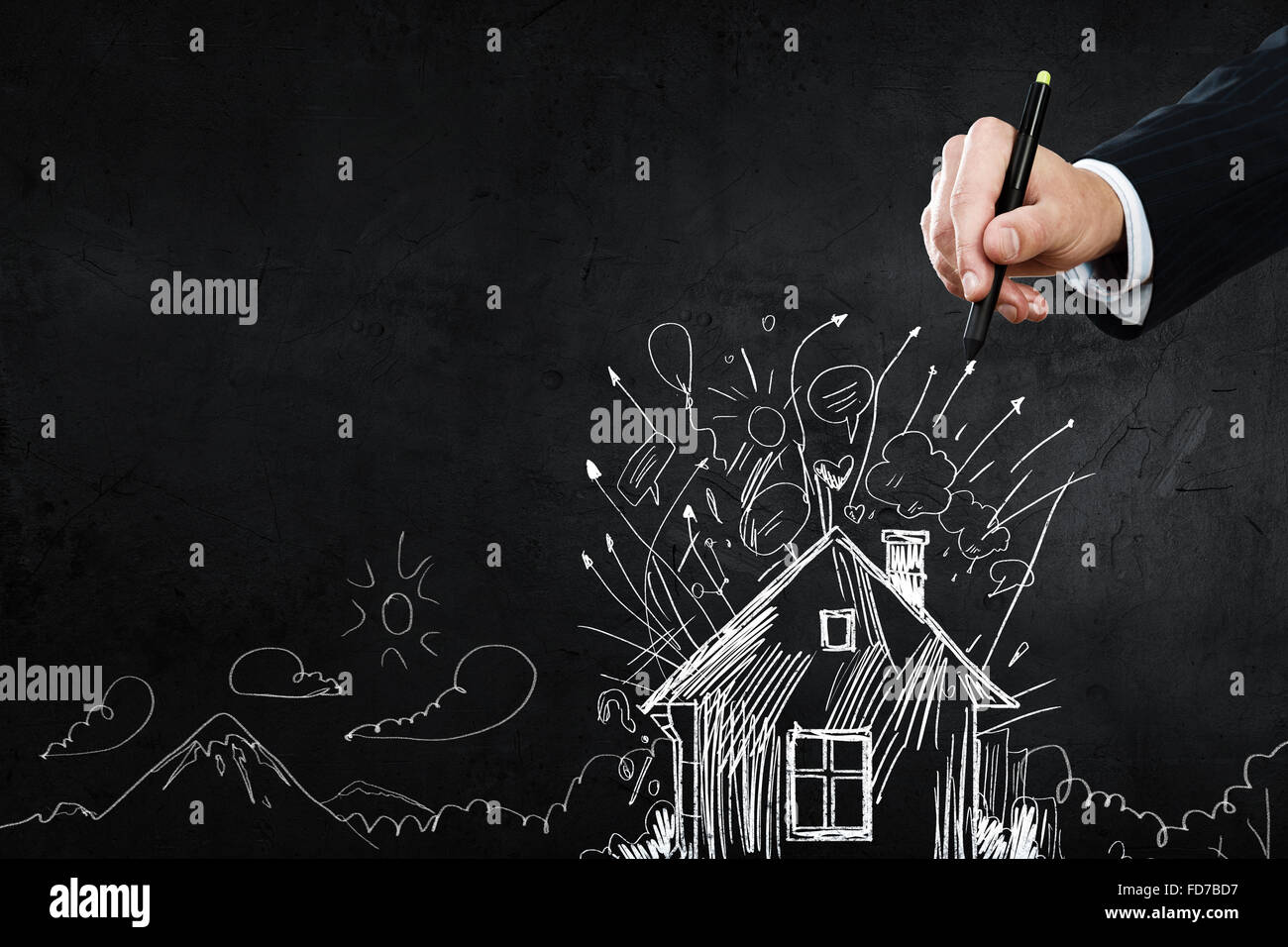 Hand drawing abstract house on a black background Stock Photo - Alamy