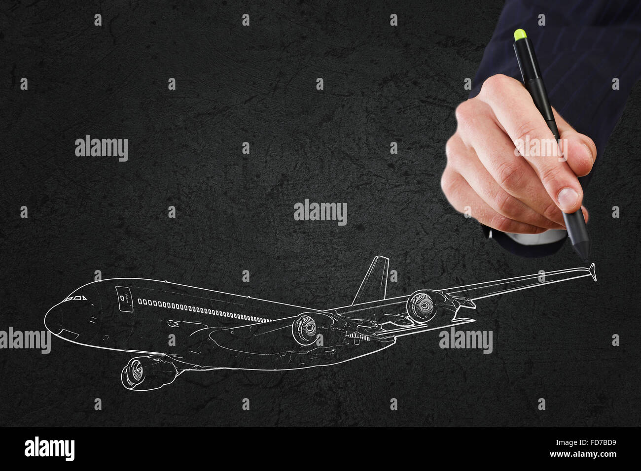 Close up of hand drawing airplane on black background Stock Photo - Alamy