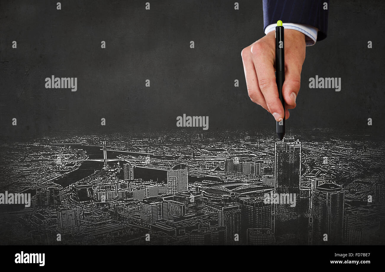 Close up of hand drawing urban city buildings Stock Photo - Alamy