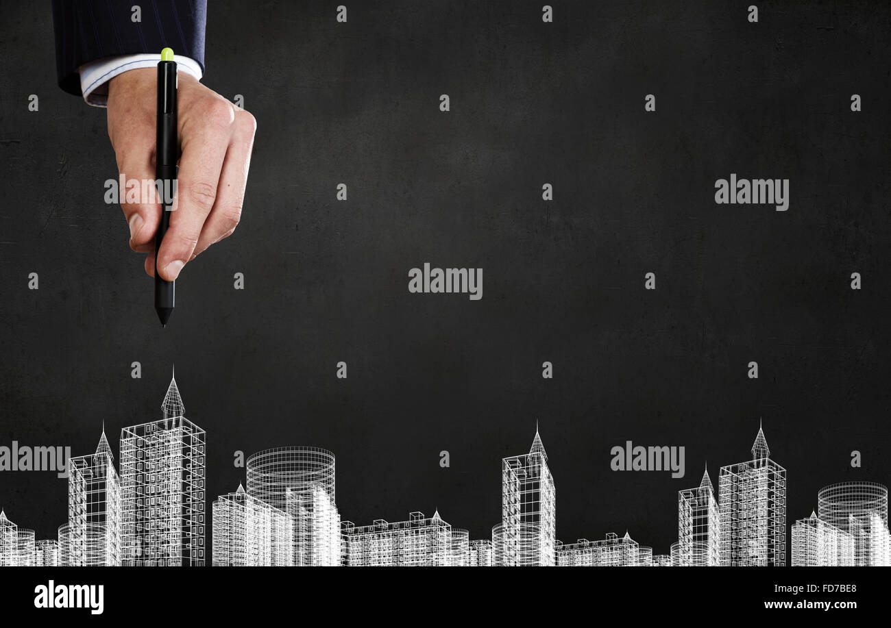 Close up of hand drawing urban city buildings Stock Photo - Alamy
