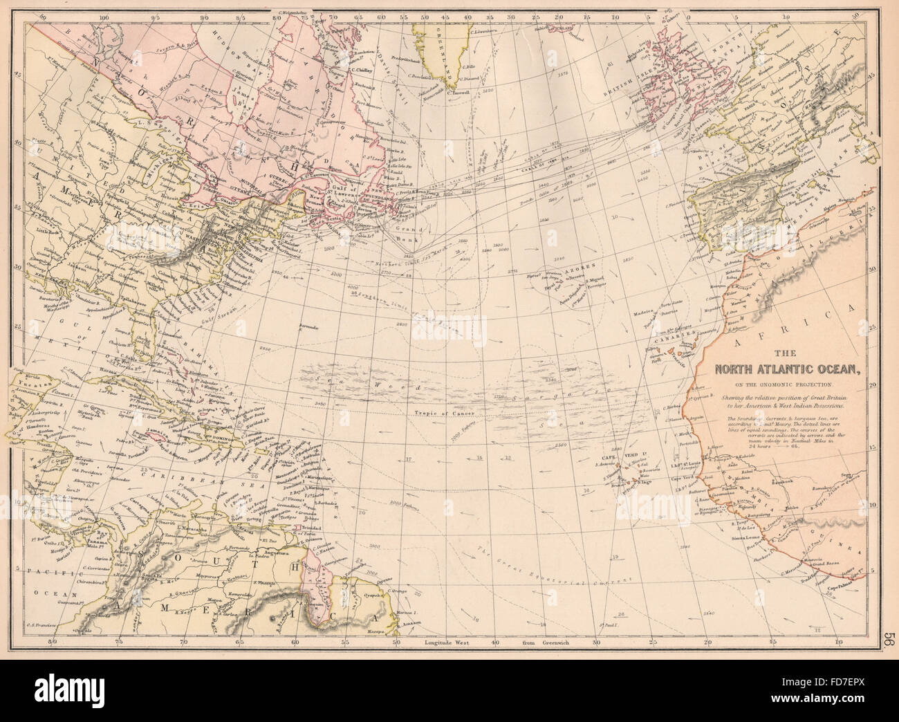 NORTH ATLANTIC OCEAN: Telegraph cables/dates. Ocean currents/velocities ...