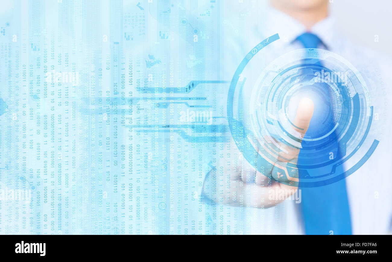 Close up of businessman pressing virtual icon on screen Stock Photo - Alamy