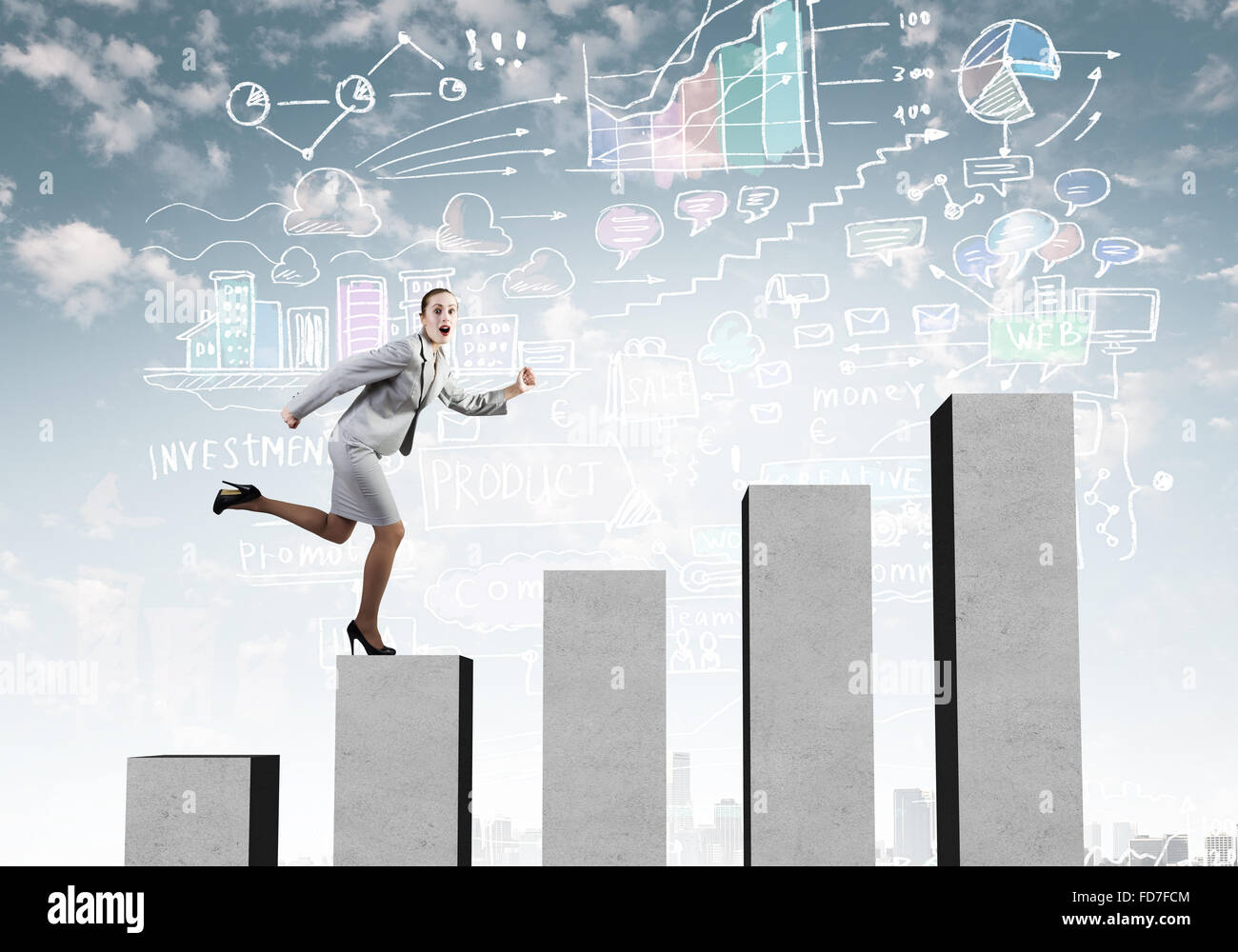 Young businesswoman stepping up on chart bar Stock Photo - Alamy