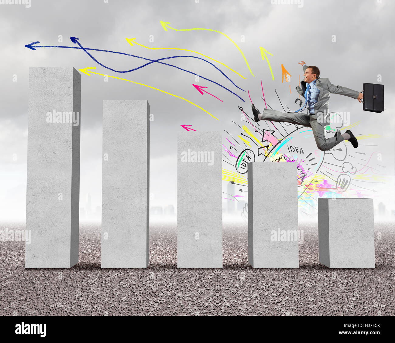 Young businessman stepping up on chart bar Stock Photo - Alamy