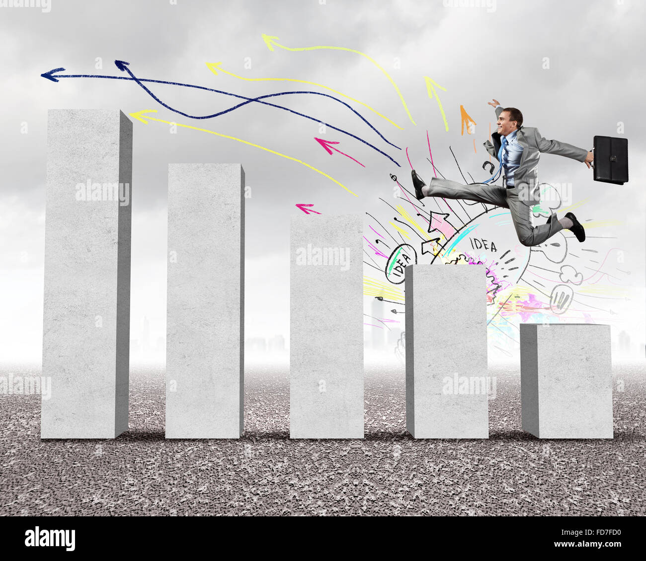 Young businessman stepping up on chart bar Stock Photo - Alamy