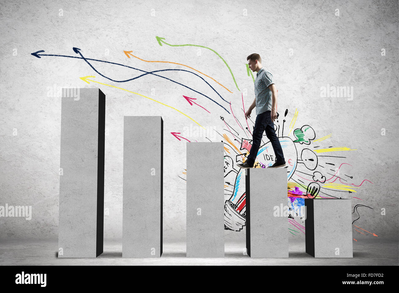 Young businessman stepping up on chart bar Stock Photo - Alamy