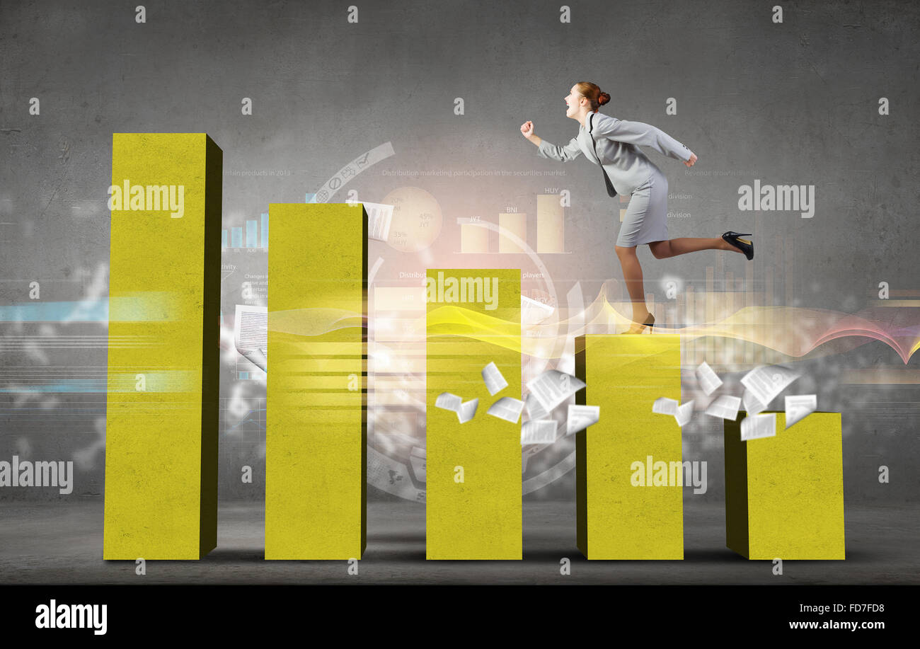 Young businesswoman stepping up on chart bar Stock Photo - Alamy