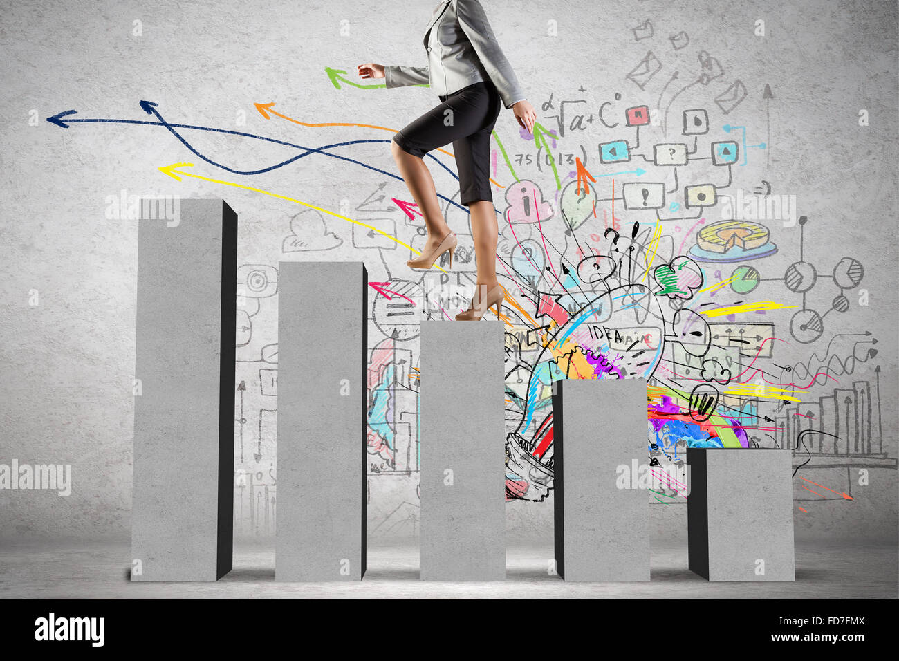 Young businesswoman stepping up on chart bar hi-res stock photography ...
