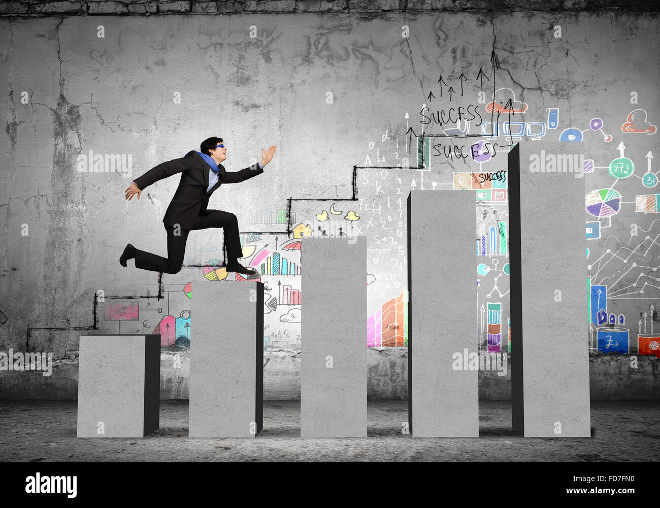 Young businessman stepping up on chart bar Stock Photo - Alamy