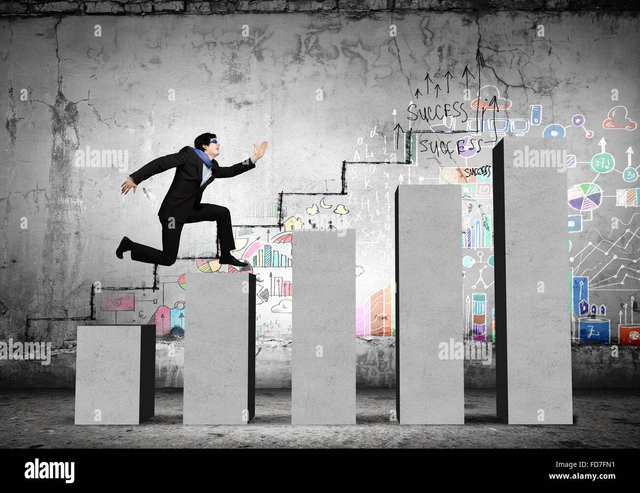 Young businessman stepping up on chart bar Stock Photo - Alamy