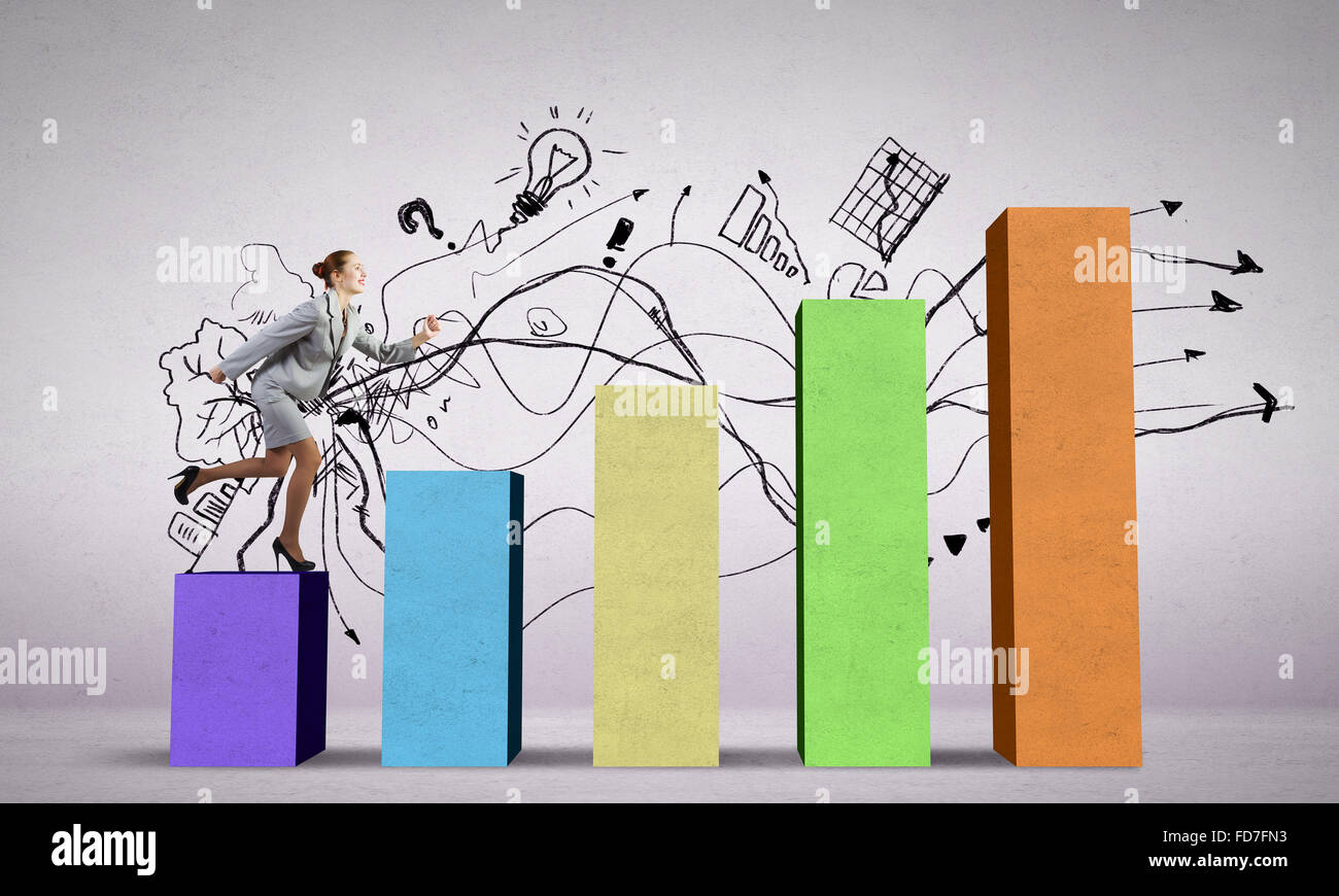 Young businesswoman stepping up on chart bar Stock Photo - Alamy