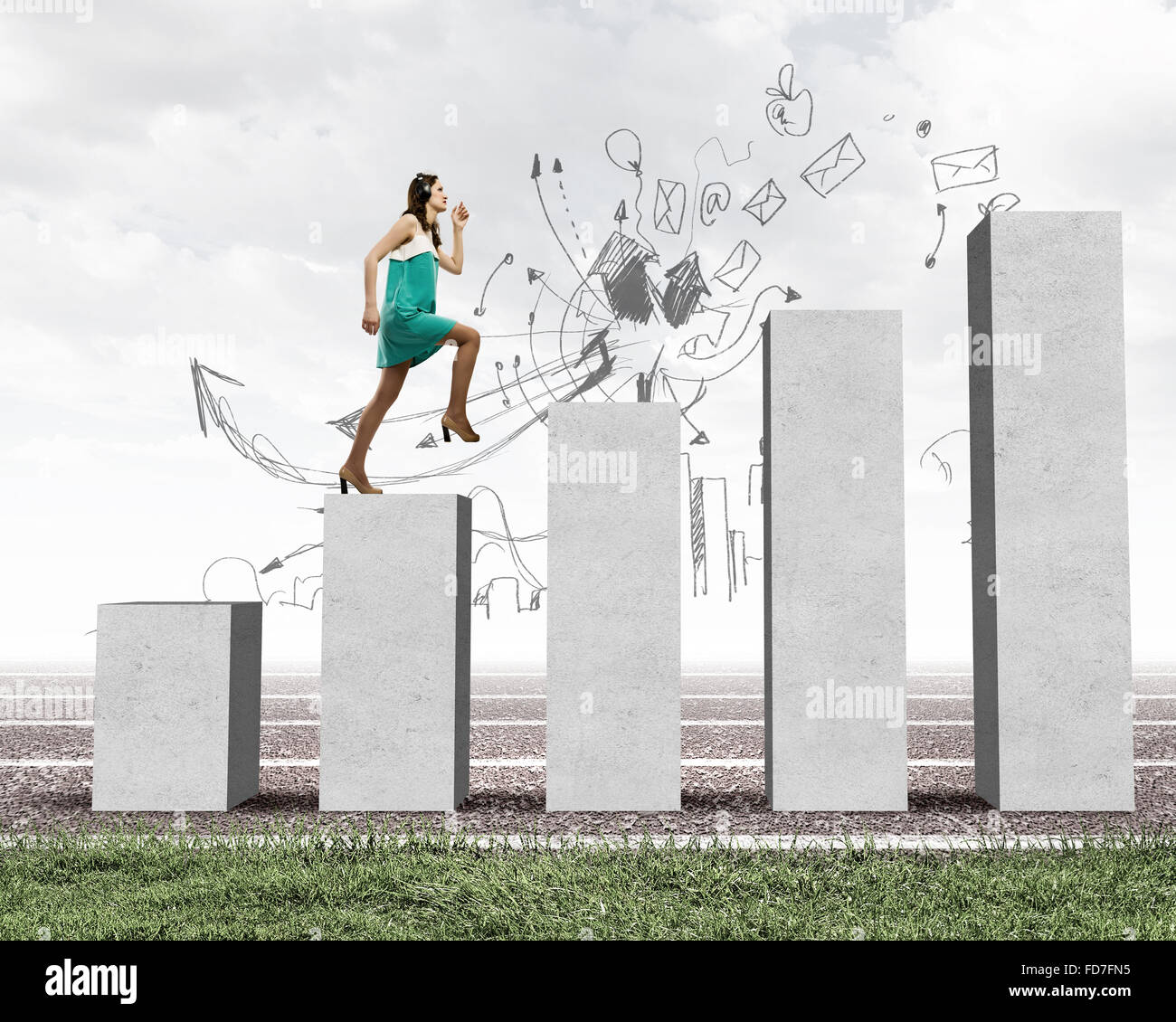 Young businesswoman stepping up on chart bar Stock Photo - Alamy