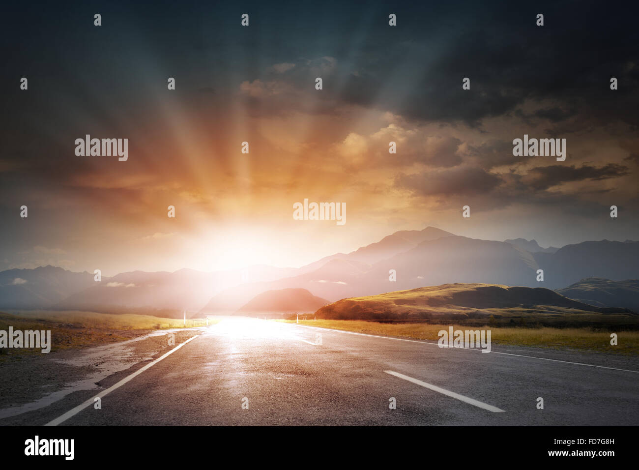 Nature landscape of sunset light above asphalt road Stock Photo - Alamy