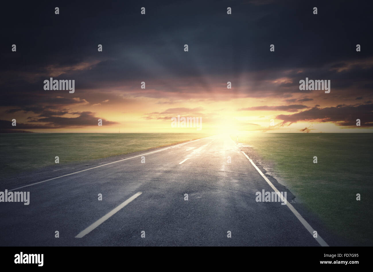 Nature landscape of sunset light above asphalt road Stock Photo - Alamy