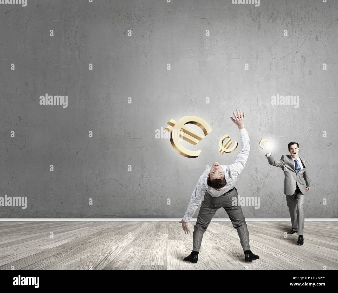 Young businessman benting to evade from thrown euro sign Stock Photo ...
