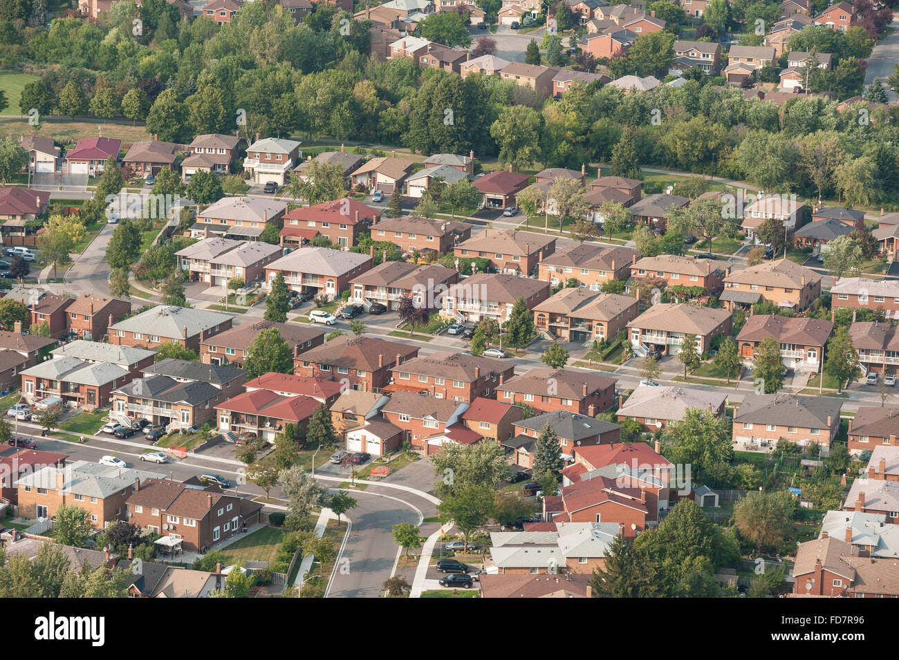 Aerial roof top view of a suburban homes; detached, semidetached and ...