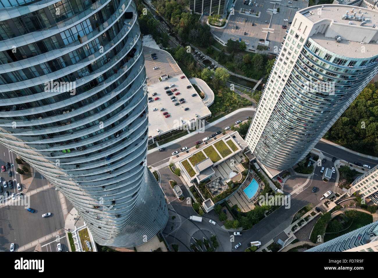 Aerial rooftop view of a rooftop garden and pool in Mississauga, Canada ...