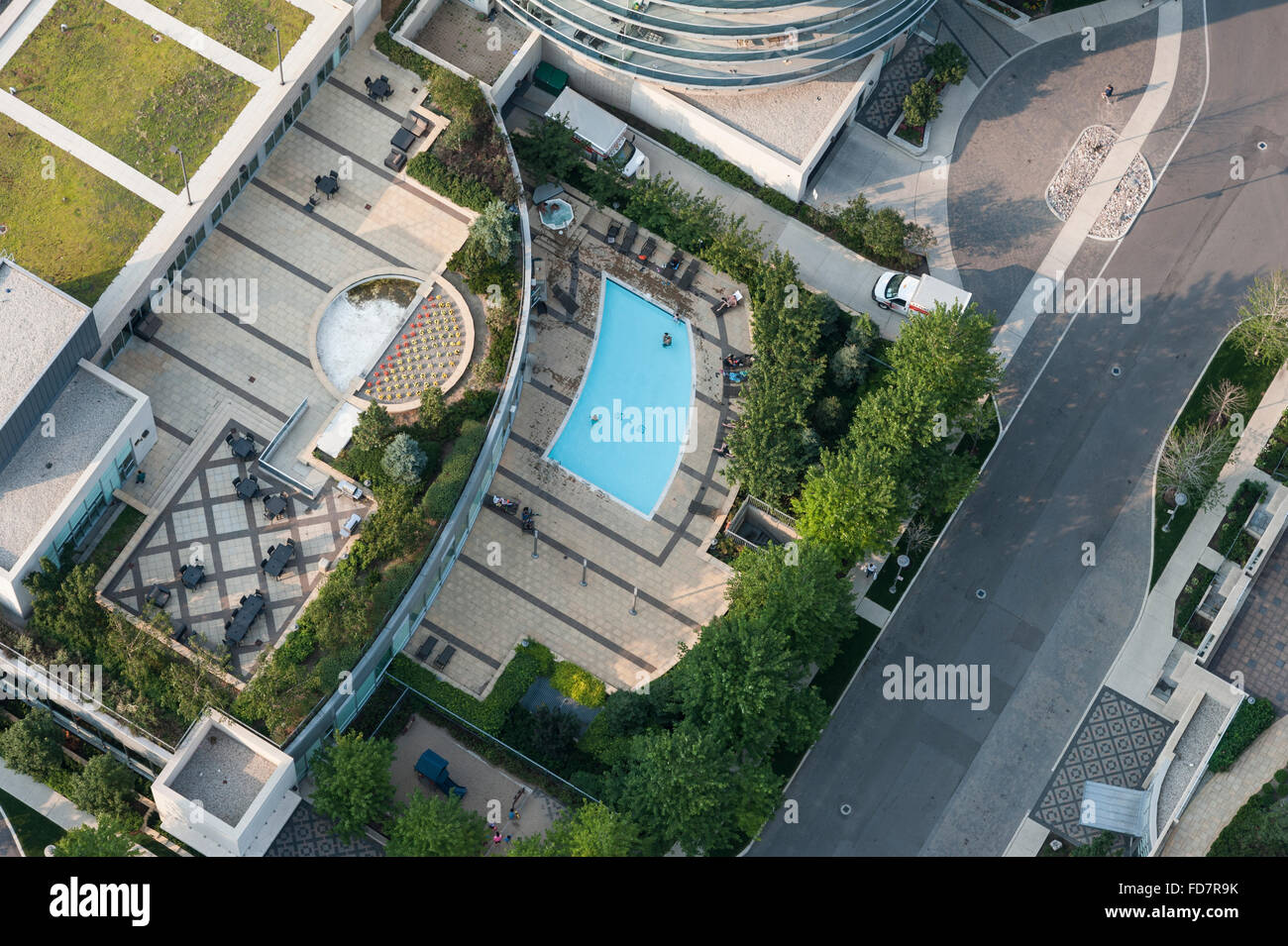 Aerial rooftop view of a rooftop garden and pool in Mississauga, Canada ...
