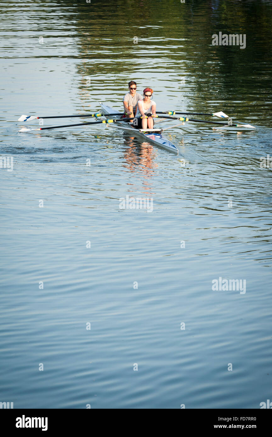 Aerial view of rowing in a river Stock Photo - Alamy